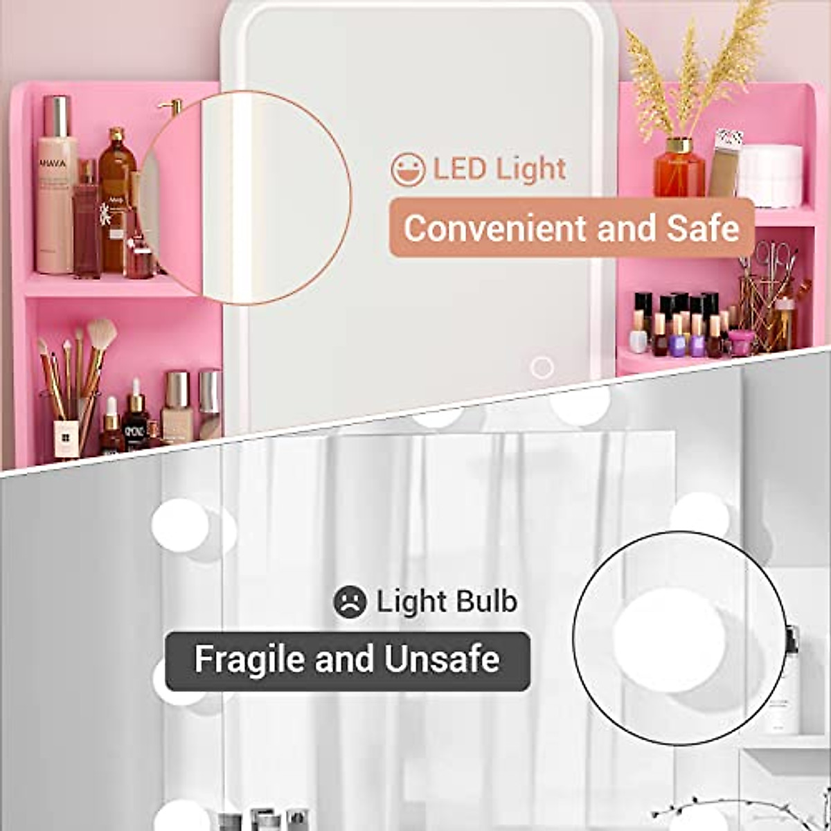 armocity Vanity Desk with Mirror and Light, Makeup Vanity with Cushioned Stool, Vanity Table Set with 3 Color Lighting Options, Modern Dressing Table with 2 Storage Drawers for Bedroom, Pink