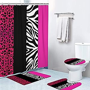 LOKMU 4 Pcs Shower Curtain Sets with Non-Slip Rugs,Toilet Lid Cover and Bath Mat,Pink Leopard Print Waterproof Shower Curtain with 12 Hooks, Bathroom Decor Sets, 72"x 72"