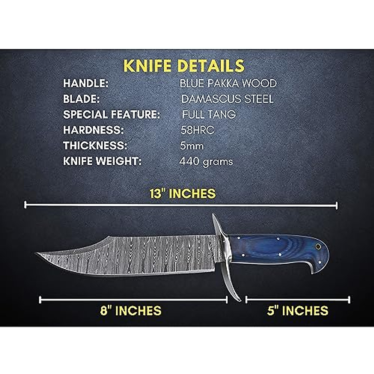 TIGEROUS 13'' Hunting Bowie Knife, Full Tang Fixed Blade, Wood Handle Damascus Steel Knife with Scout Horizontal Carry Leather Sheath for Camping, Hiking, Survival (Blue Pakka Wood)
