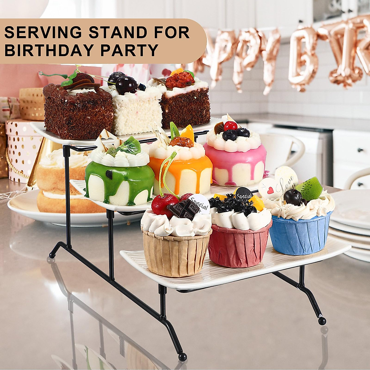 Tanlade 2 Pcs Tiered Serving Stand 3 Tier Serving Tray with 3 Porcelain Serving Platters Ceramic Tiered Serving Trays Platters with Detachable Metal Rack Dessert Table Display Set Stable for Party