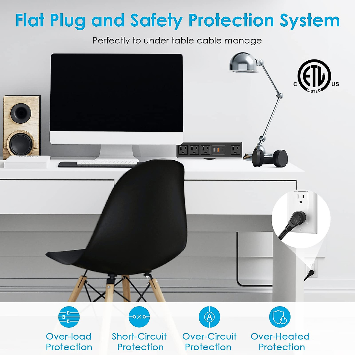 CCCEI Desk Clamp Power Strip with USB-A and USB-C Ports, Desktop Mount Surge Protector 1200J, Widely Spaced Desk Outlet Station, Fast Charging, 6 FT Flat Plug, Fit 1.9 inch Tabletop Edge. (Black)