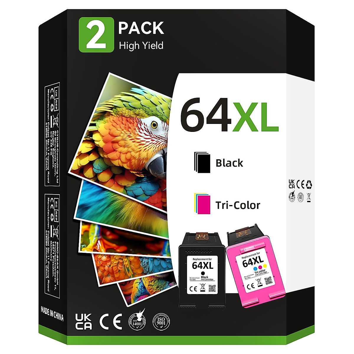 64XL Ink Cartridge Black Color Replacement for HP Ink 64 XL for Envy Photo 7858 7855 7155 6252 7120 7158 7164 Tango X Printer(1 Black, 1 Tri-Color)