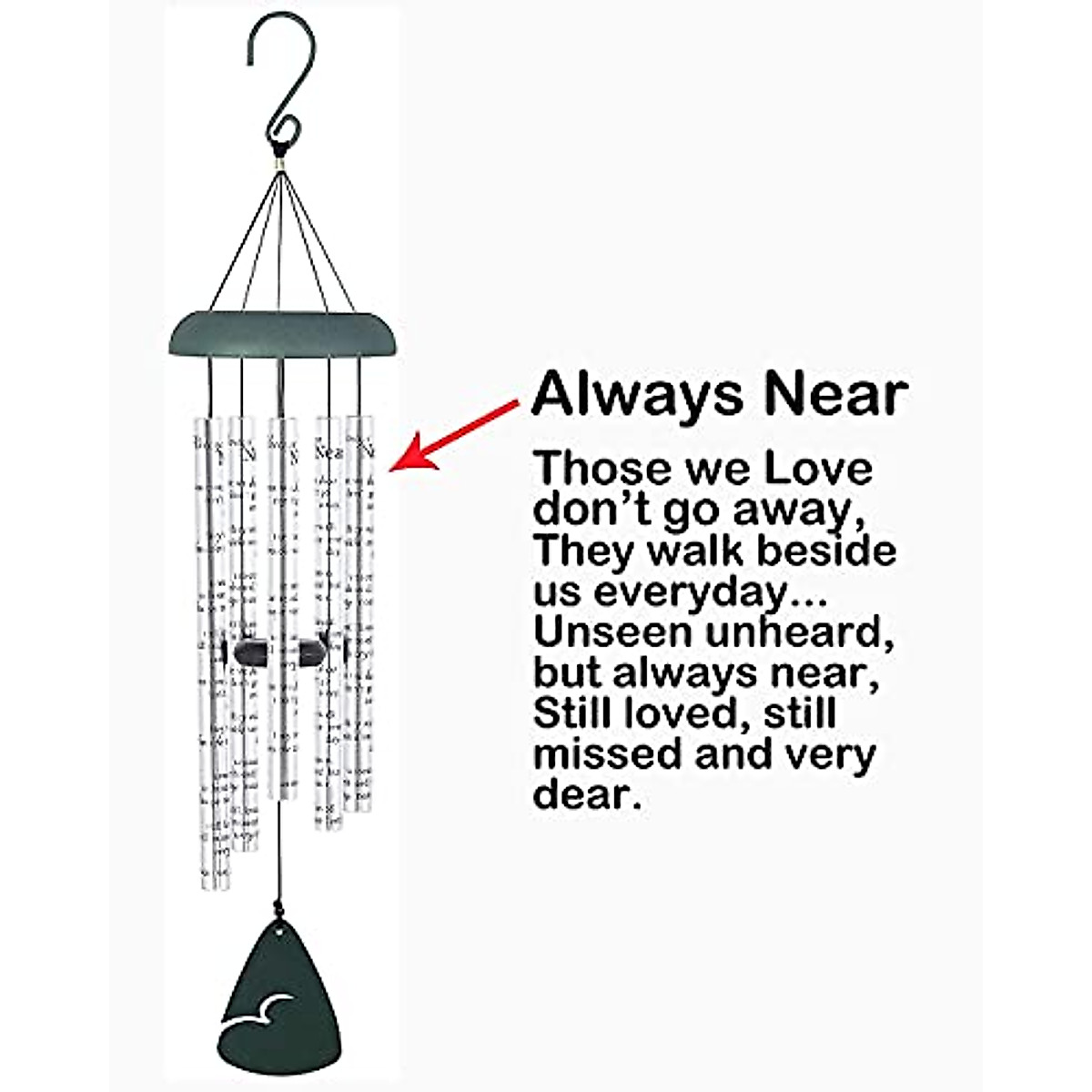 Memorial Wind Chimes Gift Set for Loss of a Loved one Silver 35" Long deep Tones Chimes Always Near Poem Remembrance/Memorial Chimes Gift Set, Sympathy Card and Gift Box Included