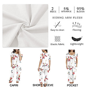 POPYOUNG Womens Pajama Sets Summer Ladies Pjs 2 Piece Loungewear Capri with Pockets Sleepwear L, Floral White
