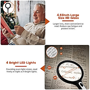 Magnifying Glass with Light, 4.92 Inch Large Magnifier, 2X 5X Handheld Illuminated Lighted Magnifier with 4 Bright LED Lights, Storage Bag, Clean Cloth for Seniors Reading, Kids Exploring, Map