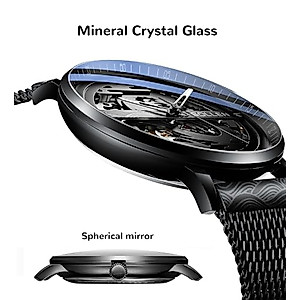 SOLLEN Black Automatic Watches for Men, Minimalist Slim Stainless Steel Watch, Waterproof Skeleton Watch with Dragon Pattern, Gift for Male