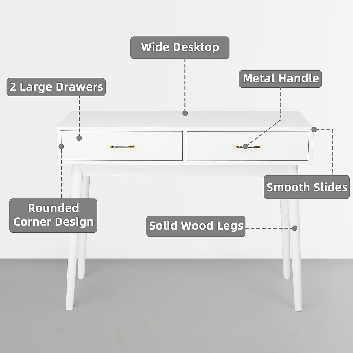 Rotihom Small White Desk with 2 Drawers, Modern Writing Desk for Small Spaces, Home Office Desk for Study, Laptop Computer Desk for Work, Makeup Vanity Table for Bedroom (White)