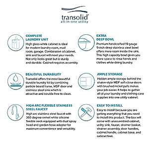 Transolid TCA-2420-WS 24-in x 20-in x 34.6-in Laundry Sink Cabinet with Faucet, White,Medium