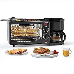 Breakfast Station, Toaster with Frying Pan, Portable Oven Breakfast Maker with Coffee Machine, Non Stick Die Cast Grill/Griddle for Bread Egg Sandwich Bacon Sausages