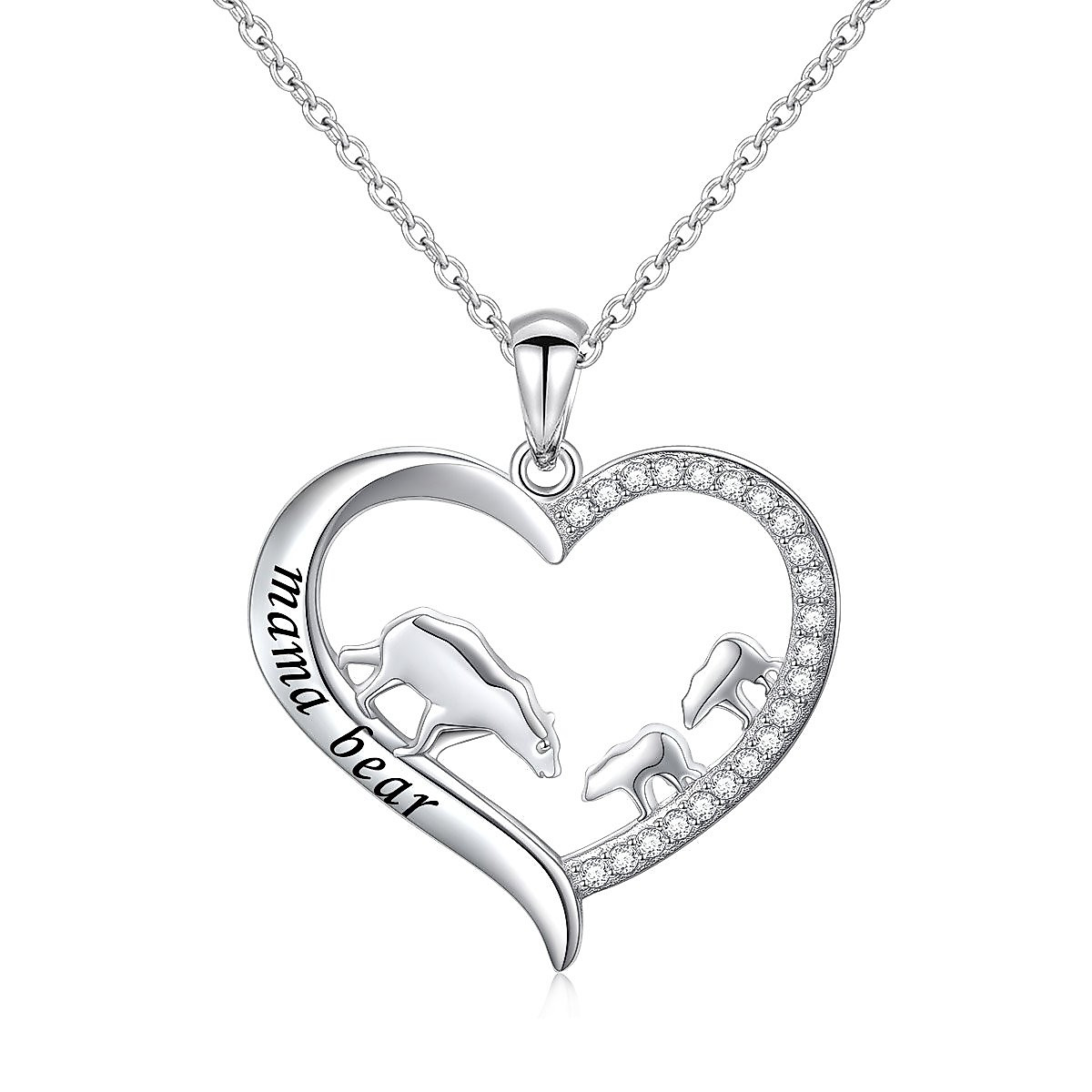 DAOCHONG Mother and Child S925 Sterling Silver Mama Bear with Cub Heart Pendant Necklace for Family (2 cubs)