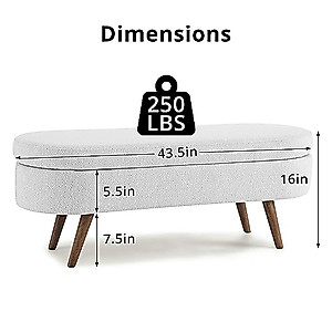 TRIPLE TREE 43.5" Storage Ottoman Bench with 250lb Seating, Linen Upholstered Wood Legs Safety Hinge Flip Top Oval Foot Rest Long Stool for Sofa Couch Bedroom End of Bed Living Room Entryway, White