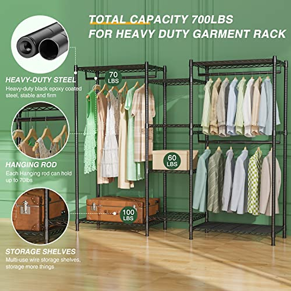 LEHOM G7 Heavy Duty Clothes Rack for Hanging Clothes, Portable Garment Rack Compact Size Closet Organizer, Freestanding Metal Clothing Rack Wardrobe Closet with Storage Shelves for Bedroom(Medium)