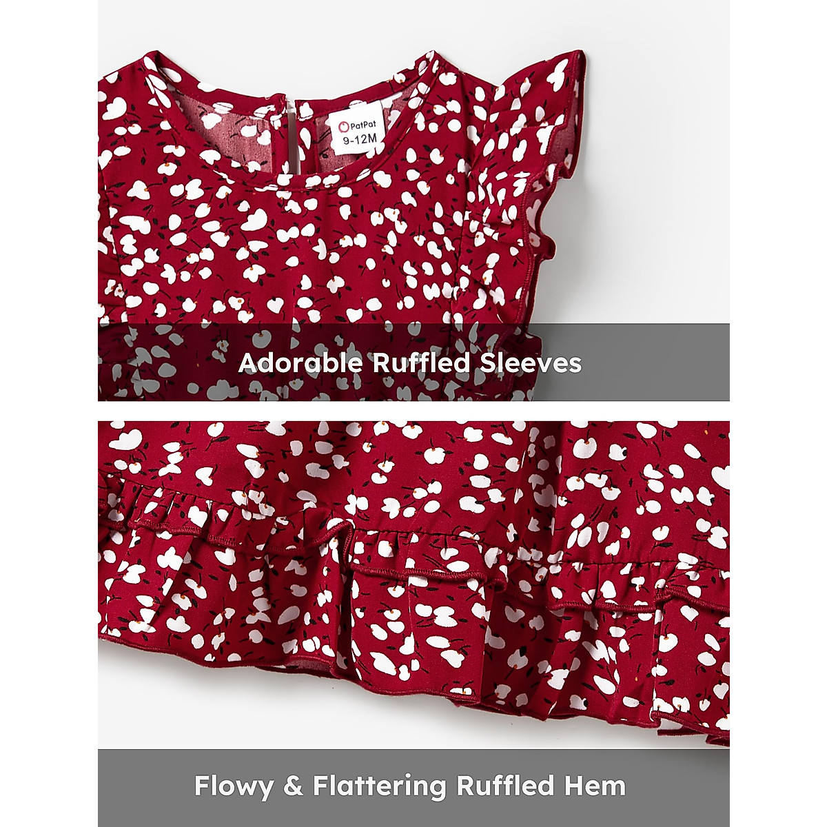 PATPAT Mommy and Me Dresses Floral Printed Bowknot Ruffles Sleeve Dress Mom Daughter Matching Outfits Baby Girls 9-12 Months Vivid Red