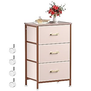 YILQQPER Dresser for Bedroom, Nightstand with 3 Drawers, Fabric Kids Dresser for Closet Organizer, Nursery, Dorm, Cute Night Stand with Sturdy Steel Frame, Leather Finish, Wood Top, Rose Gold