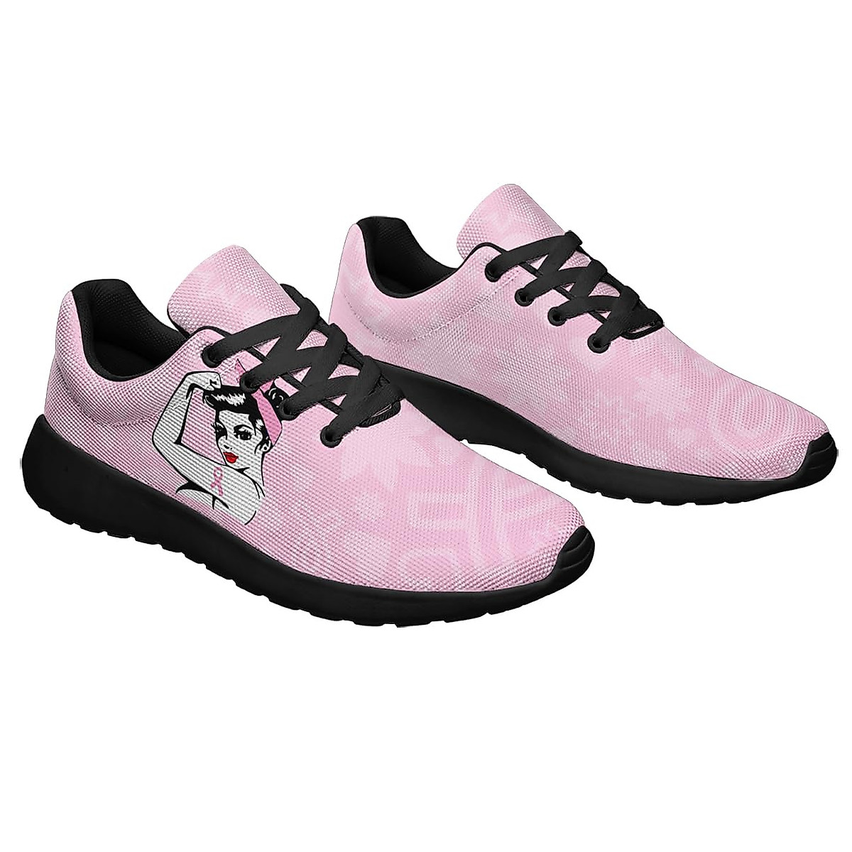 Breast Cancer Shoes for Women Fashion Breathable Running Sneakers Ladies Cancer Pink Ribbon Shoes Black Size 8