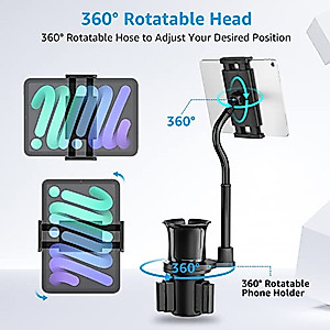 Car Cup Holder Phone Mount, 2 in 1 Universal Cell Phone Mount for Car, Adjustable Long Gooseneck Phone Holder 360° Strong Cup Holder for Car, Compatible with All 4.7''-8.2'' Smartphone Pad Devices