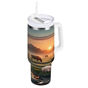 RPLIFE Farmhouse Rooster Pig Coffee Tumbler, Stainless Steel Mug, Insulated Tumblers with Handles, Tumbler for Men