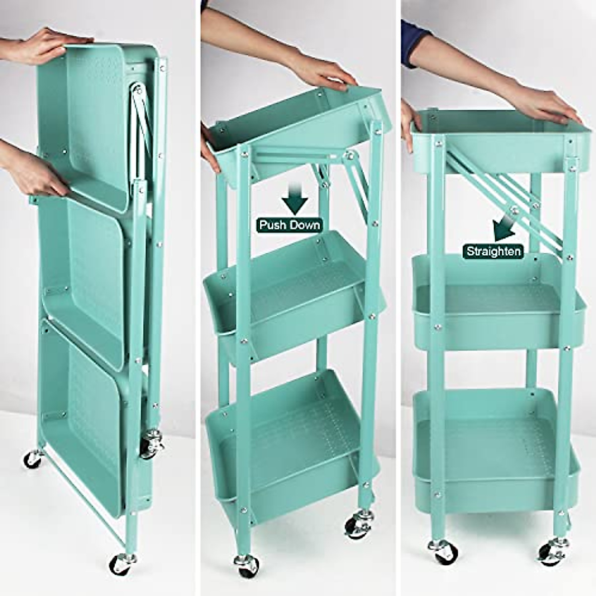 Todeco 3 Tier Foldable Plastic Rolling Storage Utility or Kitchen Cart ,Folding Mobile Trolley Storage Organizer with Wheels for Office Bathroom Bedroom,Free Assembly,Green