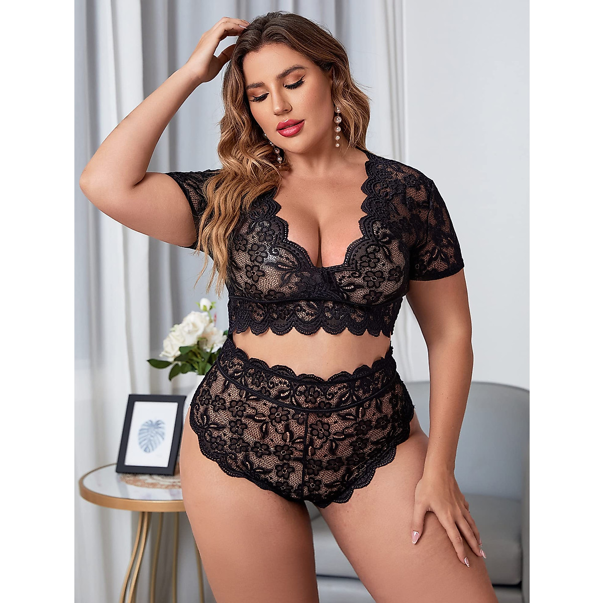 Plus Size 2 Piece Lingerie Set for Women Sexy Deep V Allover Lace Bra and Panty High Waist Nightwear Clubwear (T005,Black,3XL)
