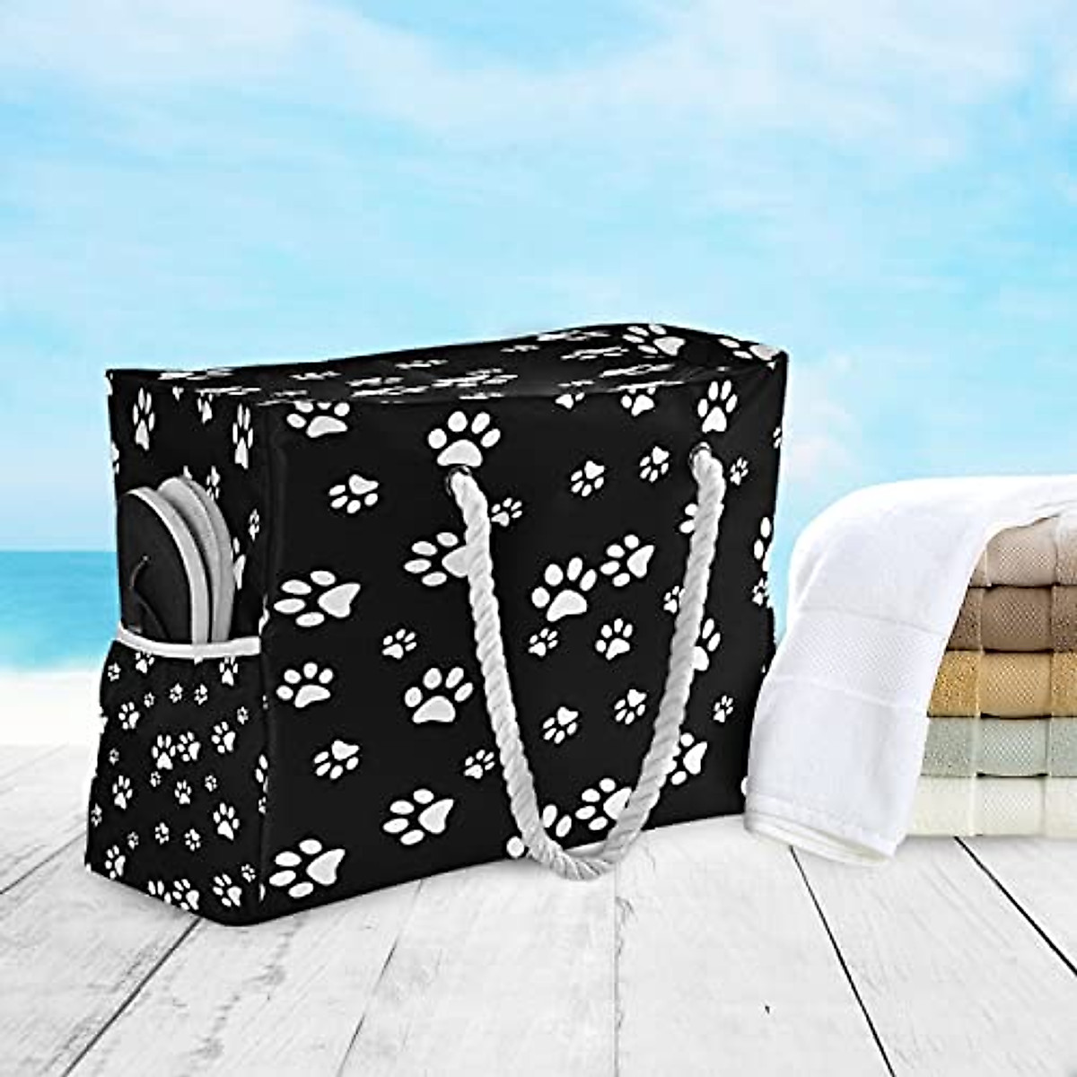 ALAZA Paw Print Footprint Black Tote Bag Beach Large Bag Rope Handles for Shopping Groceries Travel Outdoors