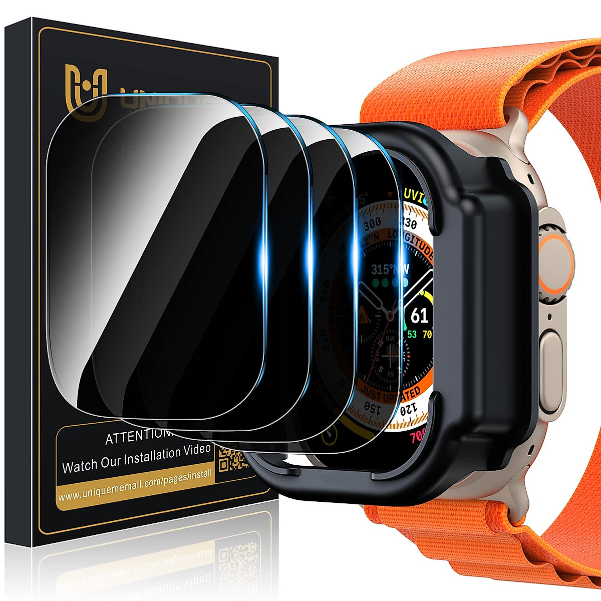 UniqueMe Privacy Screen Protector for Apple Watch Ultra 2 / Apple Watch Ultra 49mm - Tempered Glass Military-Grade Shockproof Case-Friendly Anti-Scratch Bubble-Free Cover for iWatch Ultra, 4 Pack