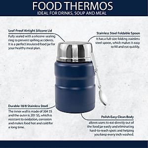 Double Wall Stainless Steel Wide Mouth 16.9 Ounce (500ml) Insulated Food Thermos for Hot Food - Leak Proof Vacuum insulated Food Jar with folding spoon for School, Office, and Travel etc. – Navy Blue