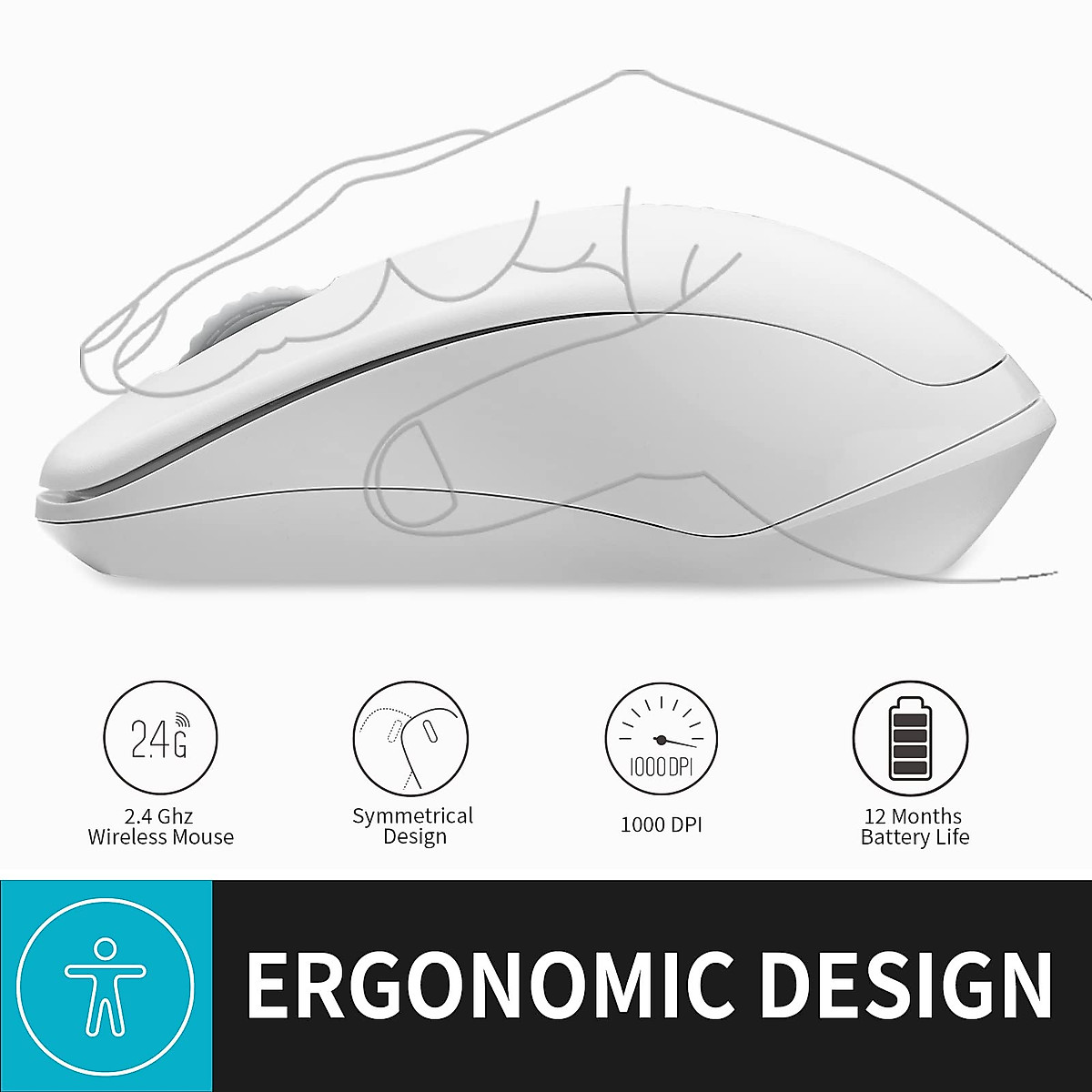 Rapoo 1680 Silent Wireless Mouse, 2.4GHz Cordless Mouse with USB Receiver, 1K DPI, 3 Buttons Computer Mouse with 12M Battery Life, Ambidextrous Computer Mice for PC/Tablet/Laptop, White