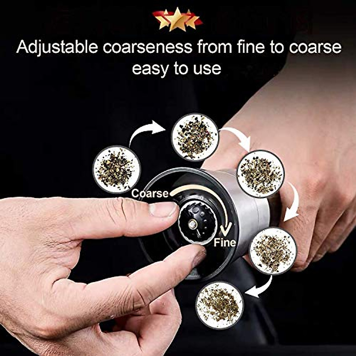 LessMo Salt and Pepper Grinder Set with Wooden Standing Tray, Refillable Pepper Mill Set - Brushed Stainless Steel - Short Glass Shakers with Adjustable Coarseness for Peppercorn, Salt or Spice Mill