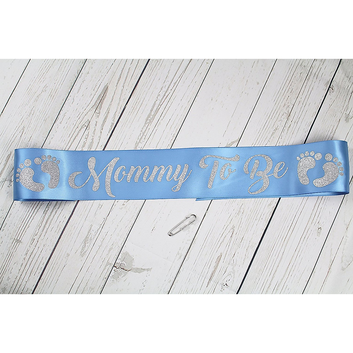 Dulcet Downtown Sky Blue Mommy To Be Baby Shower Sash with Silver Lettering