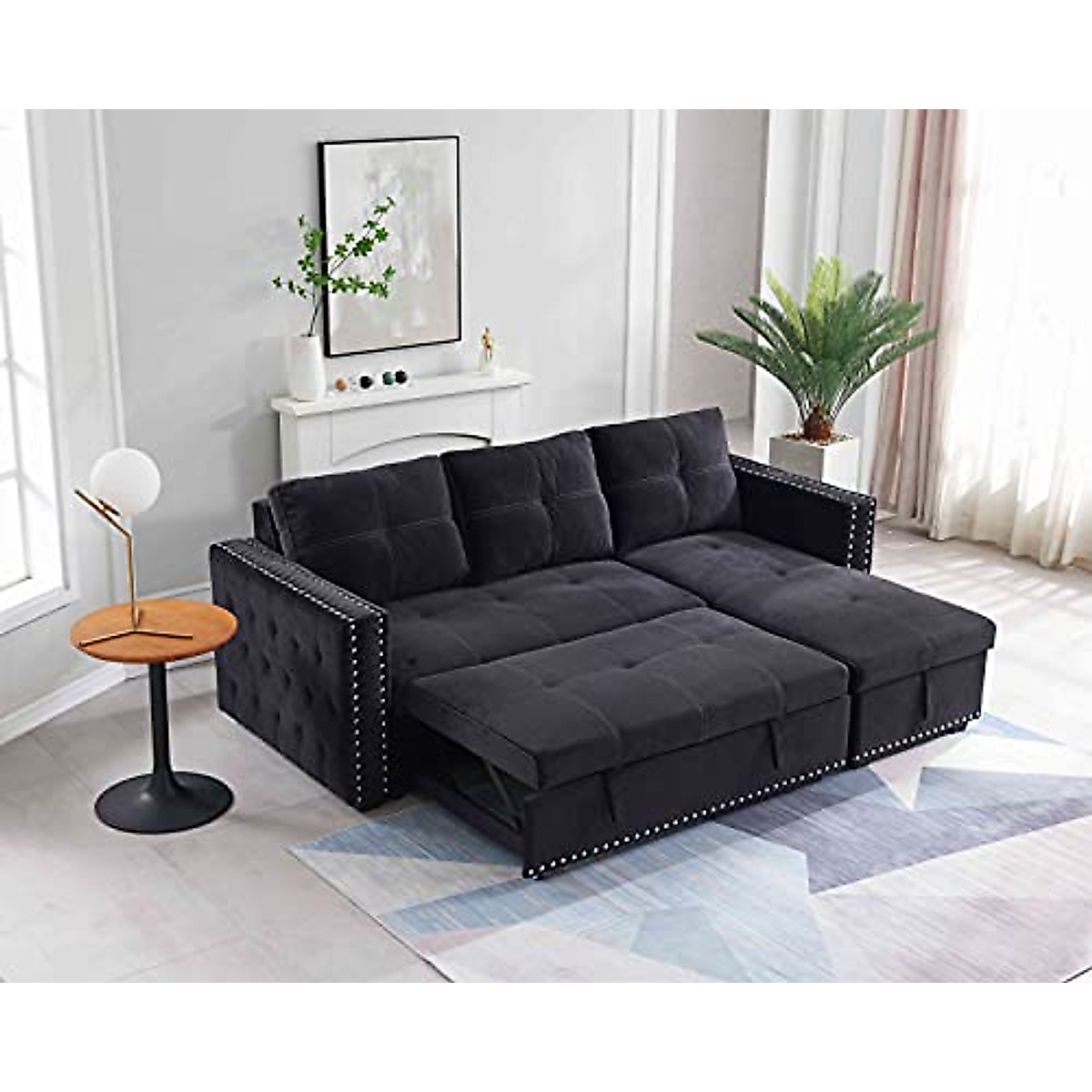 Tulib Reversible Sectional Sofa with Chaise, Sleeper Couch Storage and Pull Out Bed, Button Tufted Nail Head Trim Seating Furniture for Living Room, 91 Black