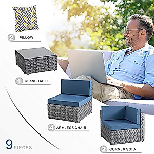 Shintenchi 7 Pieces Outdoor Patio Sectional Sofa Couch, Silver Wicker Furniture Conversation Sets with Washable Cushions & Glass Coffee Table for Garden, Poolside, Backyard (Aegean Blue)