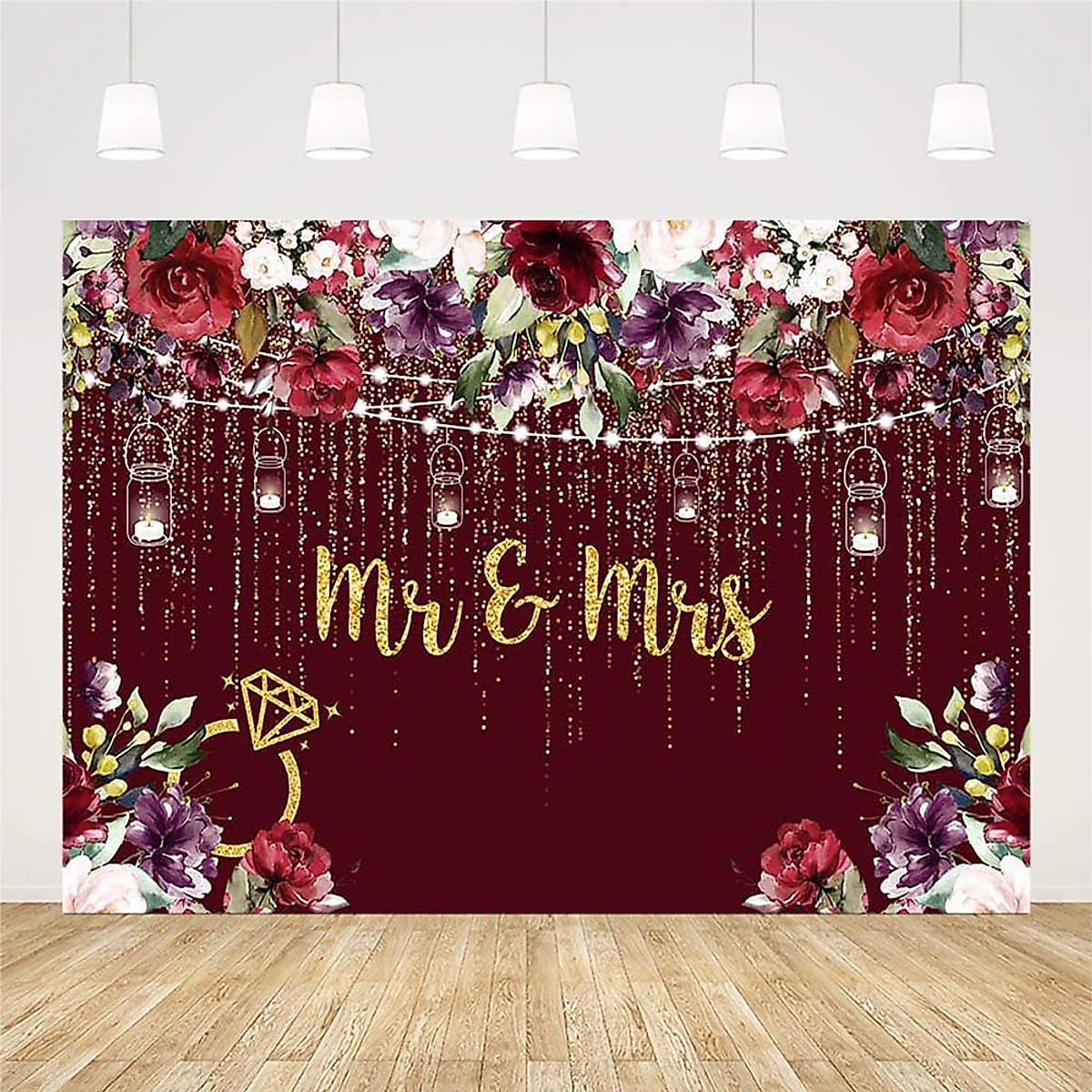 SENDY 7x5ft Burgundy Floral Mr & Mrs Backdrop Engagement Party Decorations for Couples Wedding Bride and Groom Engaged Ceremony Anniversary Bridal Shower Banner Gold Photography Background Photo Props