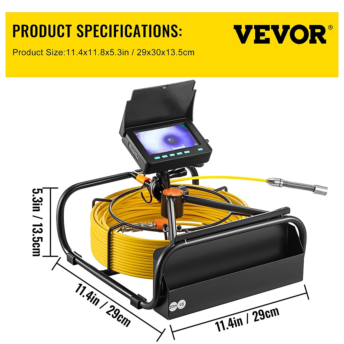 VEVOR Sewer Camera, 66ft/20M 4.3" Pipe Drain Inspection Camera with DVR Function & Snake Cable, Waterproof IP68 Borescope w/LED Lights, Industrial Endoscope for Home Wall Duct Drain Pipe Plumbing