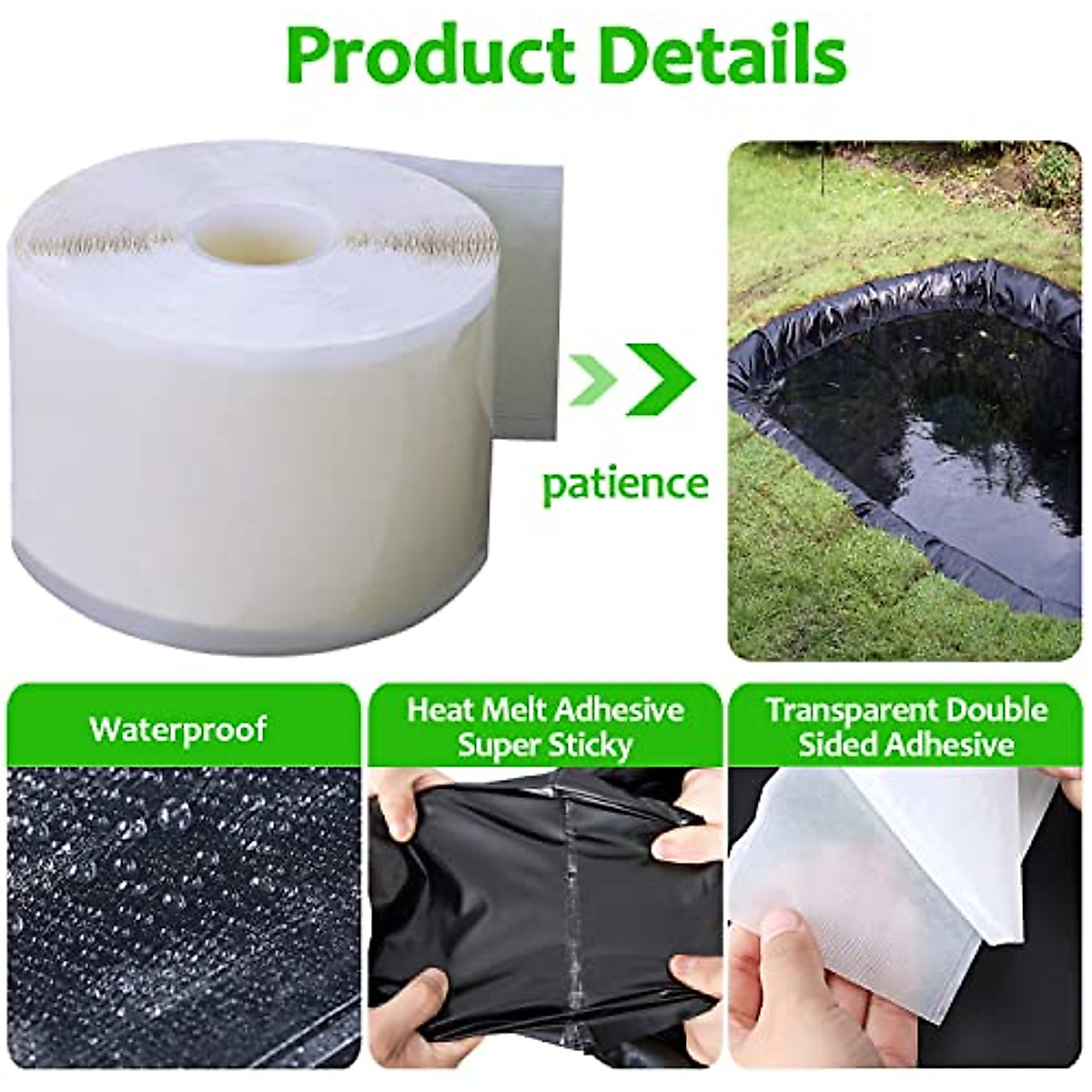 YOUSTOO Pond Liner Seam Tape - 32.8 Ft Self Adhesive Sticky Double-Sided Pond Liners Repair Kit, Waterproof Pond Seal Tape Cover Strip for Hole Repairing & Splicing of Pond Impermeable Films