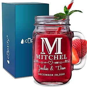 Personalized Wedding Favors Etched 16 oz Mason Jar Drinking Glasses with Handle Customized Mug for Anniversary Groom Bride Husband Wife