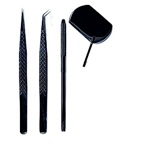 Lash Tweezers for Eyelash Extensions | Stainless Steel - Diamond Grip Straight & 45 Degree Volume | Tip with Free Mirror for Women, Makeup, Lashing, Fans Professional Tool Kit 14 cm Black