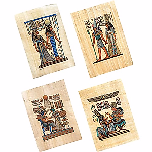 NileCart Collection of 4 sheets Egyptian papyrus paintings Original Hand Painted Papyrus Paper Ancient Egyptian size 9x13 in. handmade in Egypt. (Kings & Queens Collection)