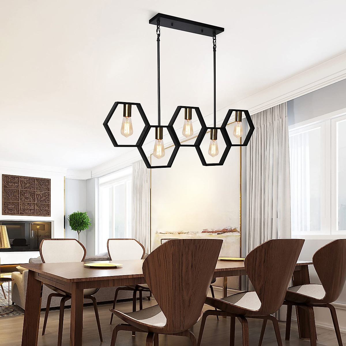 ACNKTZ 5-Light Dining Room Light Fixtures Over Table, Industrial Kitchen Island Lighting, Adjustable Height Hanging Rectangular Chandelier, Modern Pool Table Lights, Black/Gold Finish
