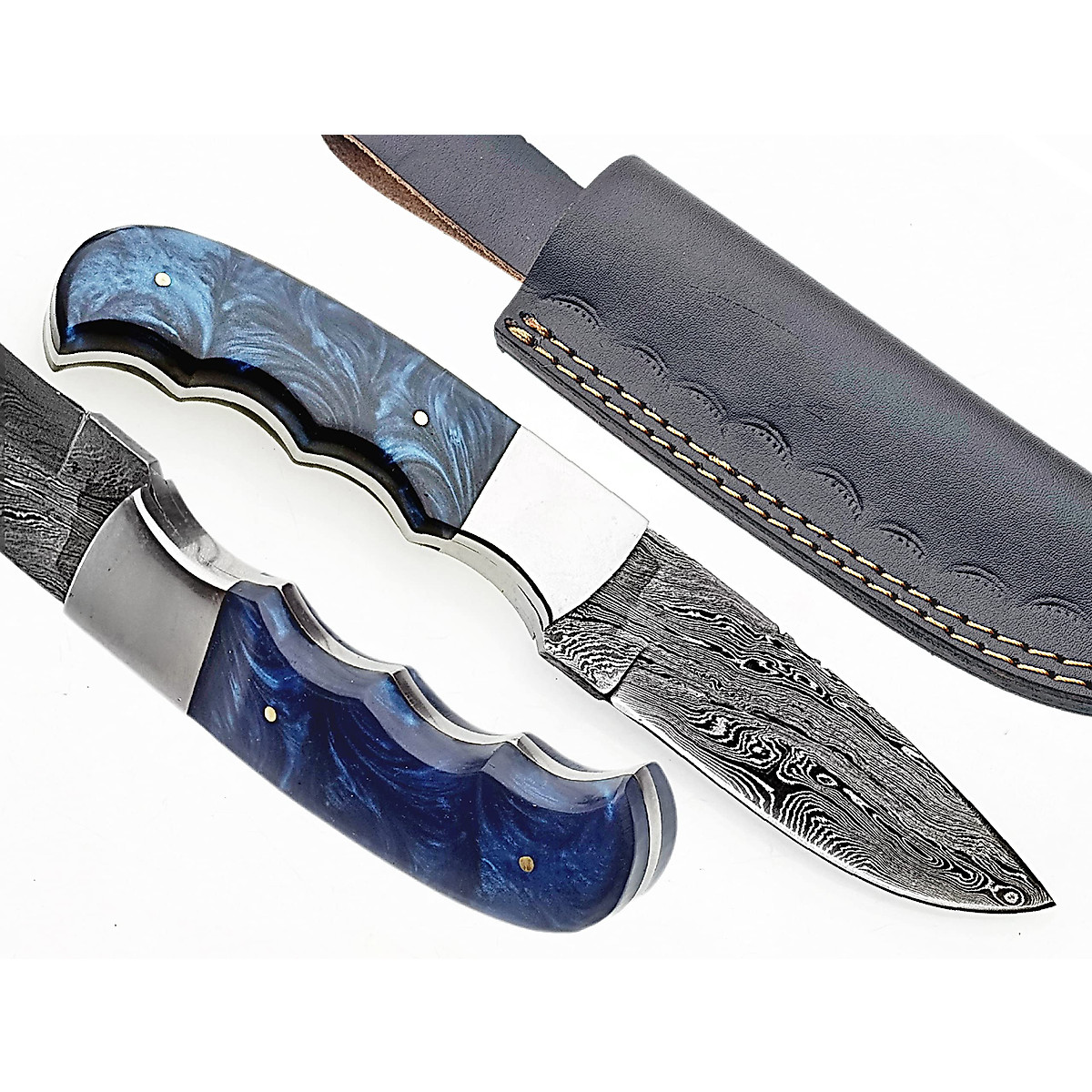 ONEHOPE BLADES Handmade Damascus Steel Hunting Knife With Leather Sheath, 8 inches Fixed Blade Tactical Survival Hand Forged Hunting Bushcraft Camping Knife (BLUE)