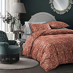 Eikei Boho Paisley Print Luxury Duvet Cover and Shams 3pc Bedding Set Intricate Tuscany Bohemian Damask Medallion 350TC Egyptian Cotton Sateen (Queen)