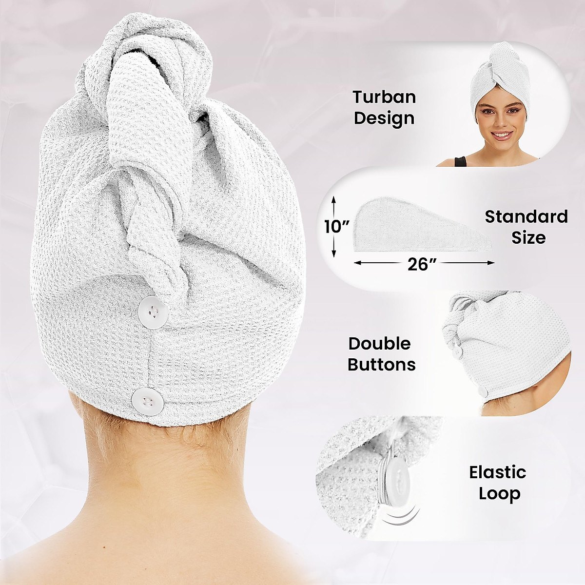 SimpleField Microfiber Hair Towel Wrap for Women - White - 350 gsm - Absorbent & Gentle Quick Drying - Reduce Frizz and Hair Damage