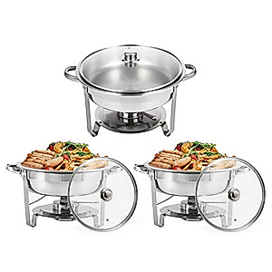 Restlrious Chafing Dish Buffet Set 3 Pack Stainless Steel Round Chafers and Buffet Warmers Set with Glass Viewing Lid, 5QT Foldable Complete Set for Buffet Catering w/Water Pan, Food Pan, Fuel Holder