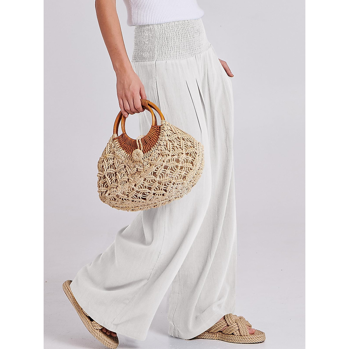 ANRABESS Women Linen Palazzo Pants Summer Boho Wide Leg High Waist Casual Lounge Pant 2025 Beach Travel Vacation Outfits White X-Large