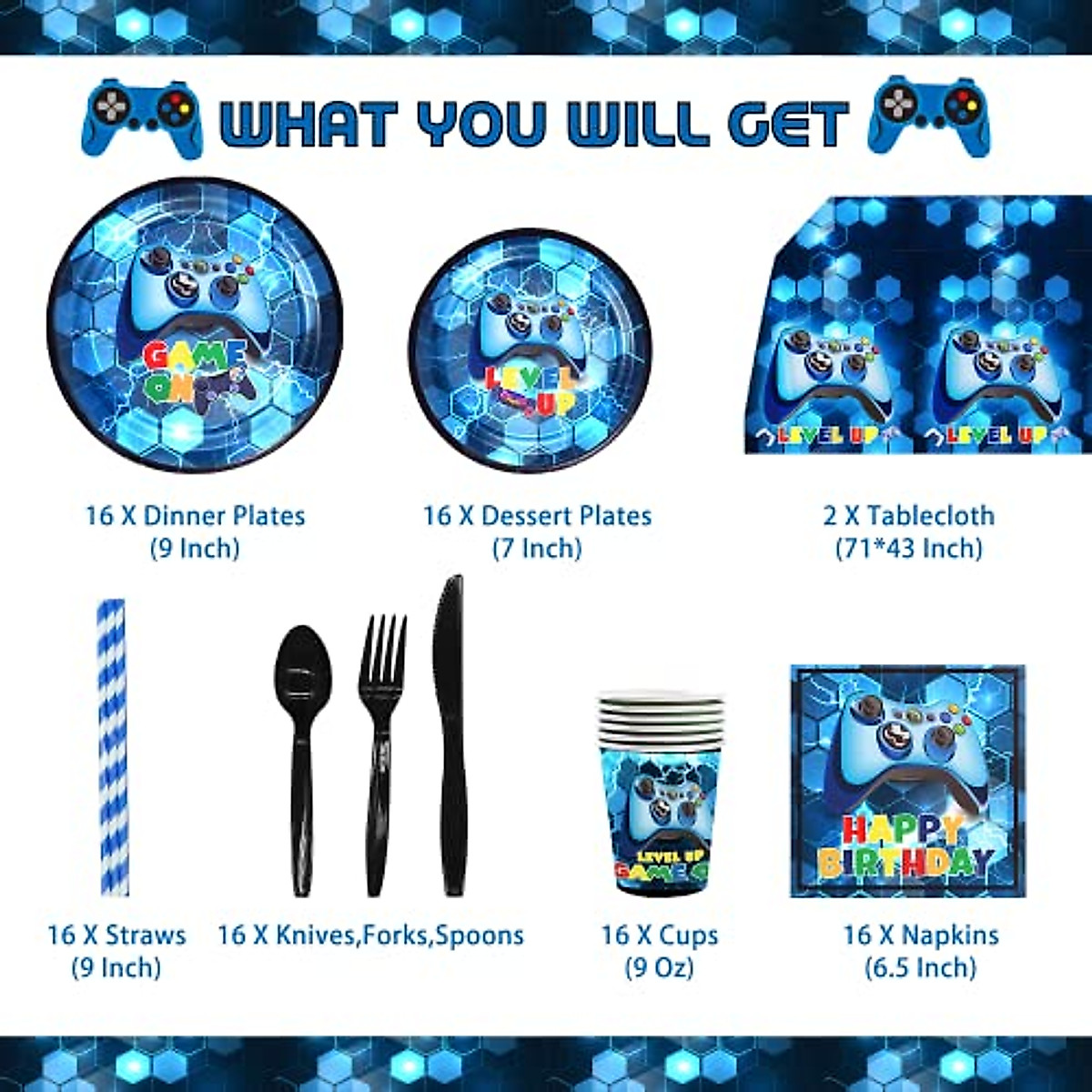 Blue Video Game Party Supplies - 212Pcs Gamer Gaming Party Decoration For Boys Birthday Party - Table Cover, Plates, Cups, Napkins, Utensils, Hanging Swirls, Birthday Banner, Cupcake, Topper Cake Topper & Balloons Serves 16 Guests