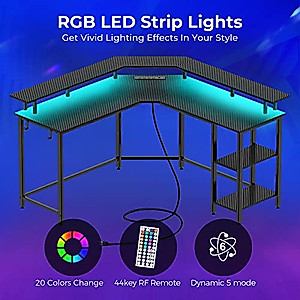 Rolanstar L Shaped Gaming Desk with LED Lights & Power Outlets, 56" Computer Desk with Full Monitor Stand & Storage Shelf, Corner Desk with Hooks, Carbon Fiber Desk Reversible
