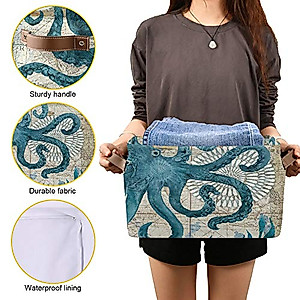 Glaphy Octopus Nautical Old Map Storage Basket Bin Foldable Nursery Toy Basket with Handles for Home Office Bedroom（Rectangular）