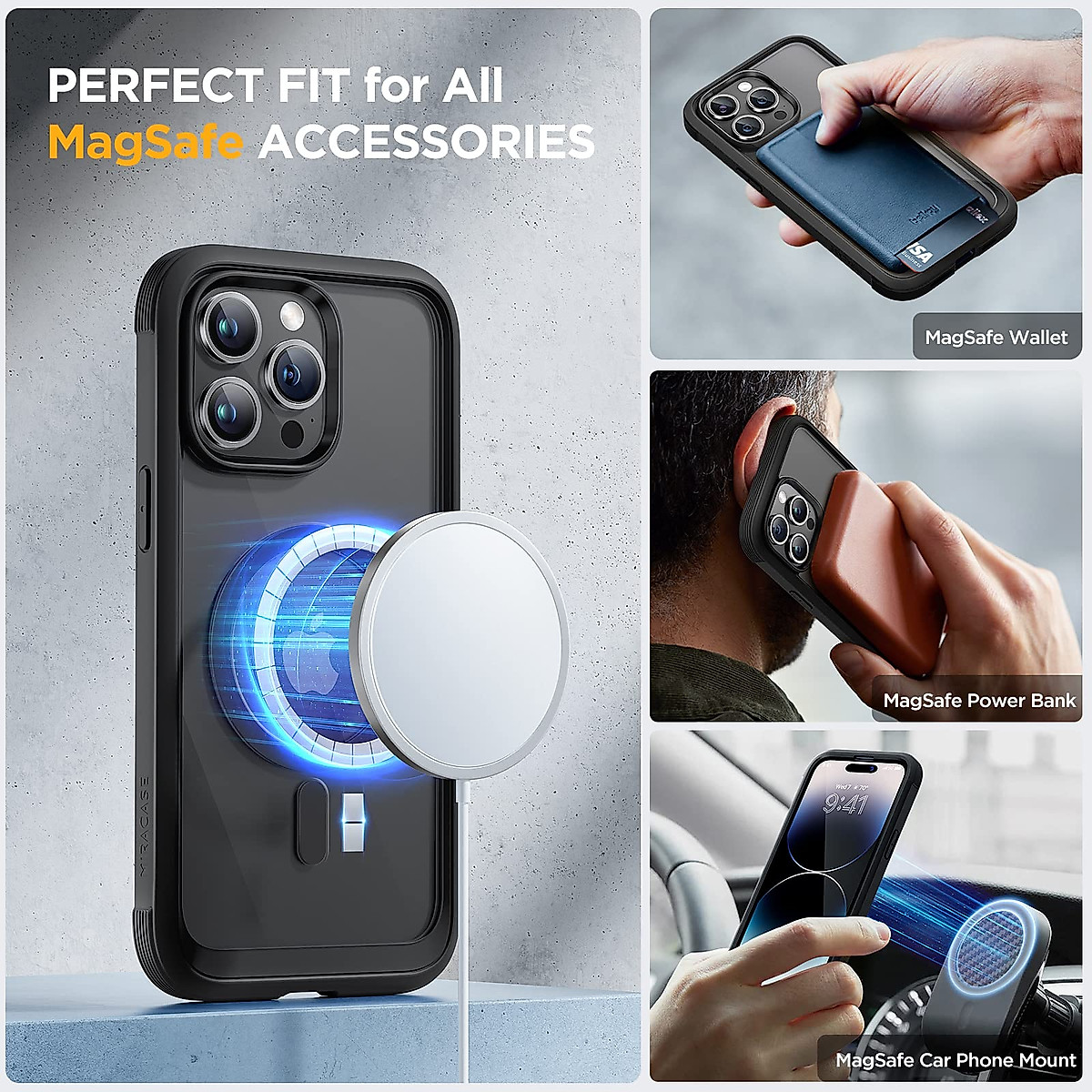 Miracase Glass Series Designed for iPhone 14 Pro Max Case 6.7 Inch, Upgrade Full-Body Magnetic Case with Built-in 9H Tempered Glass Screen Protector, with Camera Lens Protector, Magnetic Black