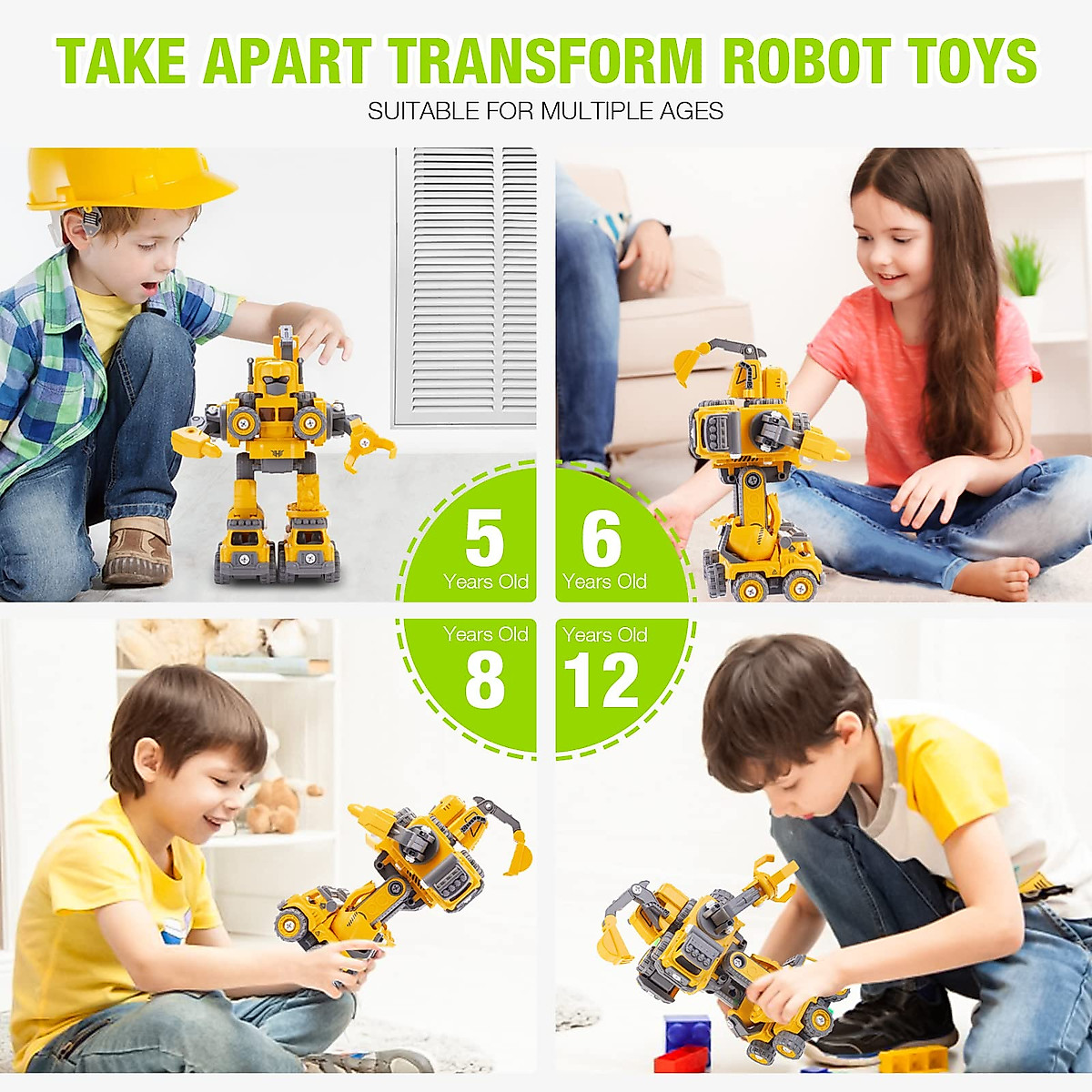 Powerextra STEM Toys for 5 6 7 8 9 Years Old Boys, Take Apart Robot Toys Trucks Set with [Robot Sounds & Flashing Lights]- 5 in 1 Construction Toys for Kids at Age 8-12