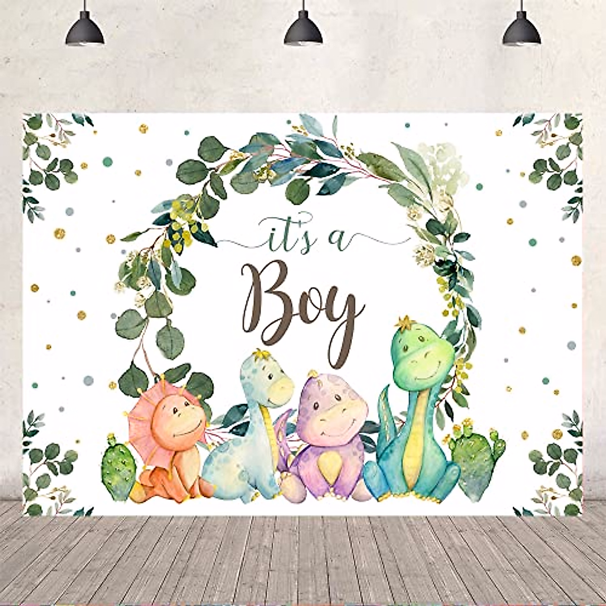 5x3ft It's a Boy Backdrop Baby Shower Cartoon Dinosaur Cactus and Eucalyptus Leaves Photography Background Kids Party Supplies Cake Table Decor Banner Photobooth Props Gift Favors, Green (ELH0C430UU)