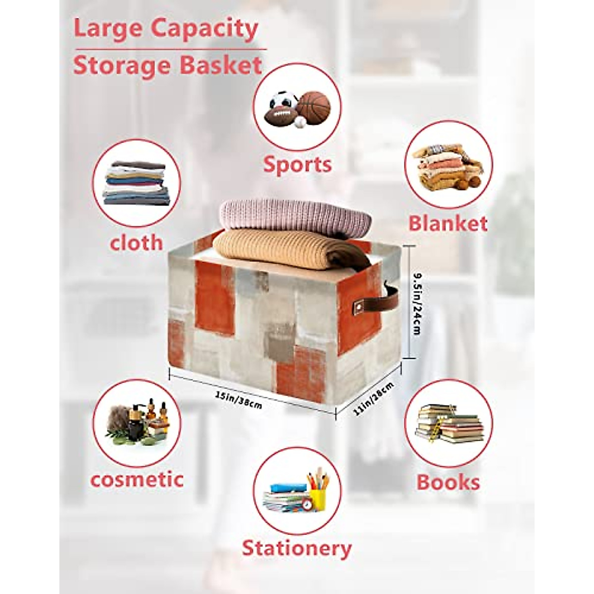 Large Capacity Storage Bins Orange Grey Brown Abstract Paint Storage Cubes, Collapsible Storage Baskets for Organizing for Bedroom Living Room Shelves Home 15x11x9.5 In